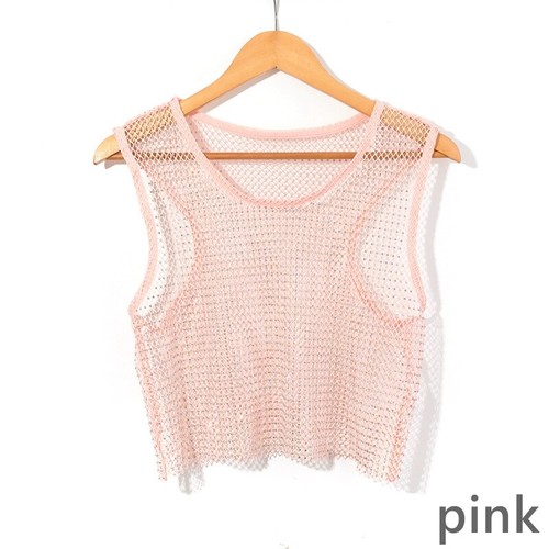 Femme Fin Résille Strass Gilet Sexy Caraco Filet Court Débardeur Pur ...