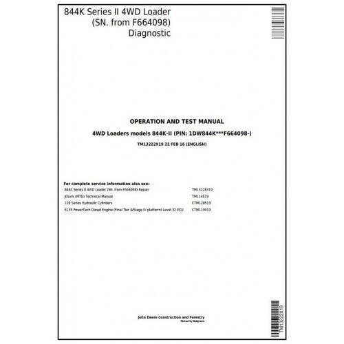 JOHN DEERE 844K SERIES II 4WD LOADER DIAGNOSTIC & TEST SERVICE MANUAL ...