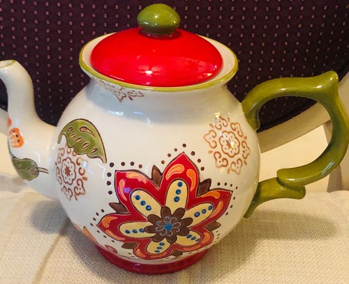 Teapot Tea Pot Stoneware Colorful 40 OZ Dimensional Flowers RED | eBay