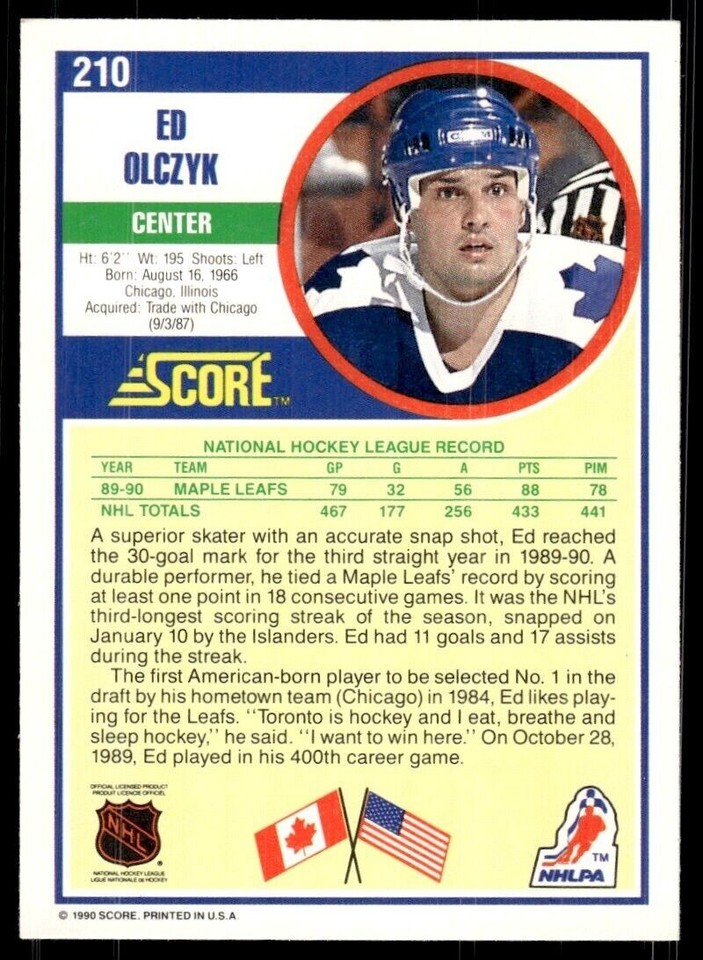 1990 SCORE NHL HOCKEY Trading Card #210 -- Ed Olczyk, Toronto Maple ...