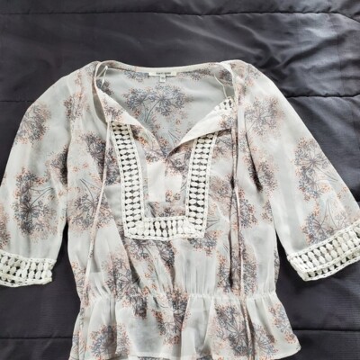 small sheer peasant top ivory with print 3/4 sleeve | eBay