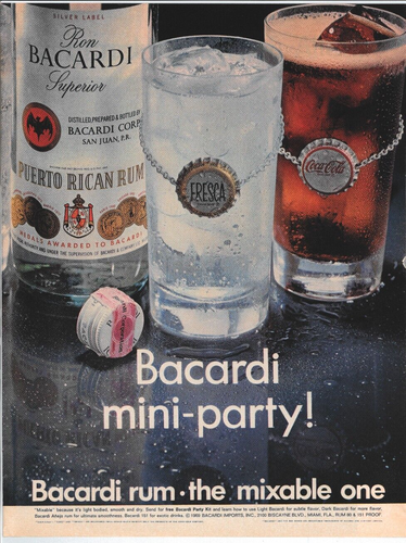 1969 Bacardi Rum Mini Party Alcohol Coke Coca Cola Fresca Print Ad ...