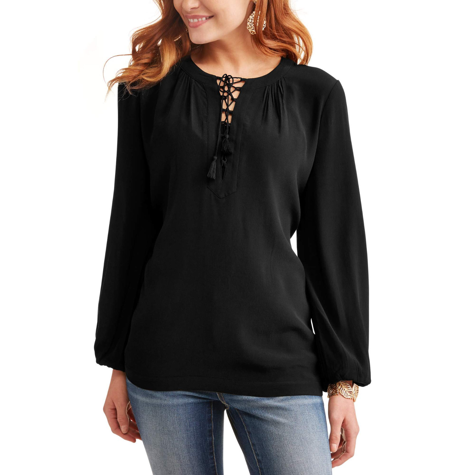 Time and Tru Women's Lace Up Poet Top w/ Long Sleeves | eBay