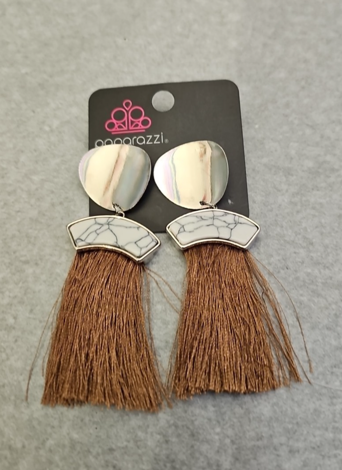 Paparazzi Silver & Brown Fringe Dangle Earrings Statement New | eBay