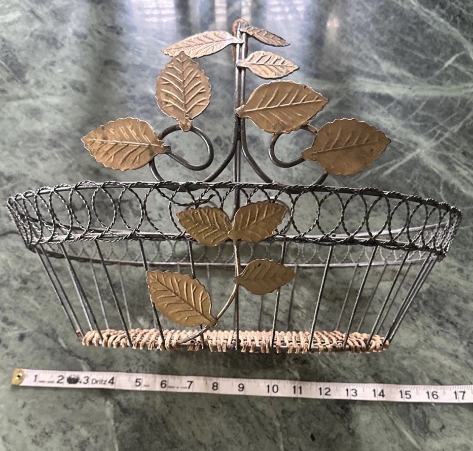 Basket Container Woven Wicker Metal Leaf Cut Outs French Inspired Home ...