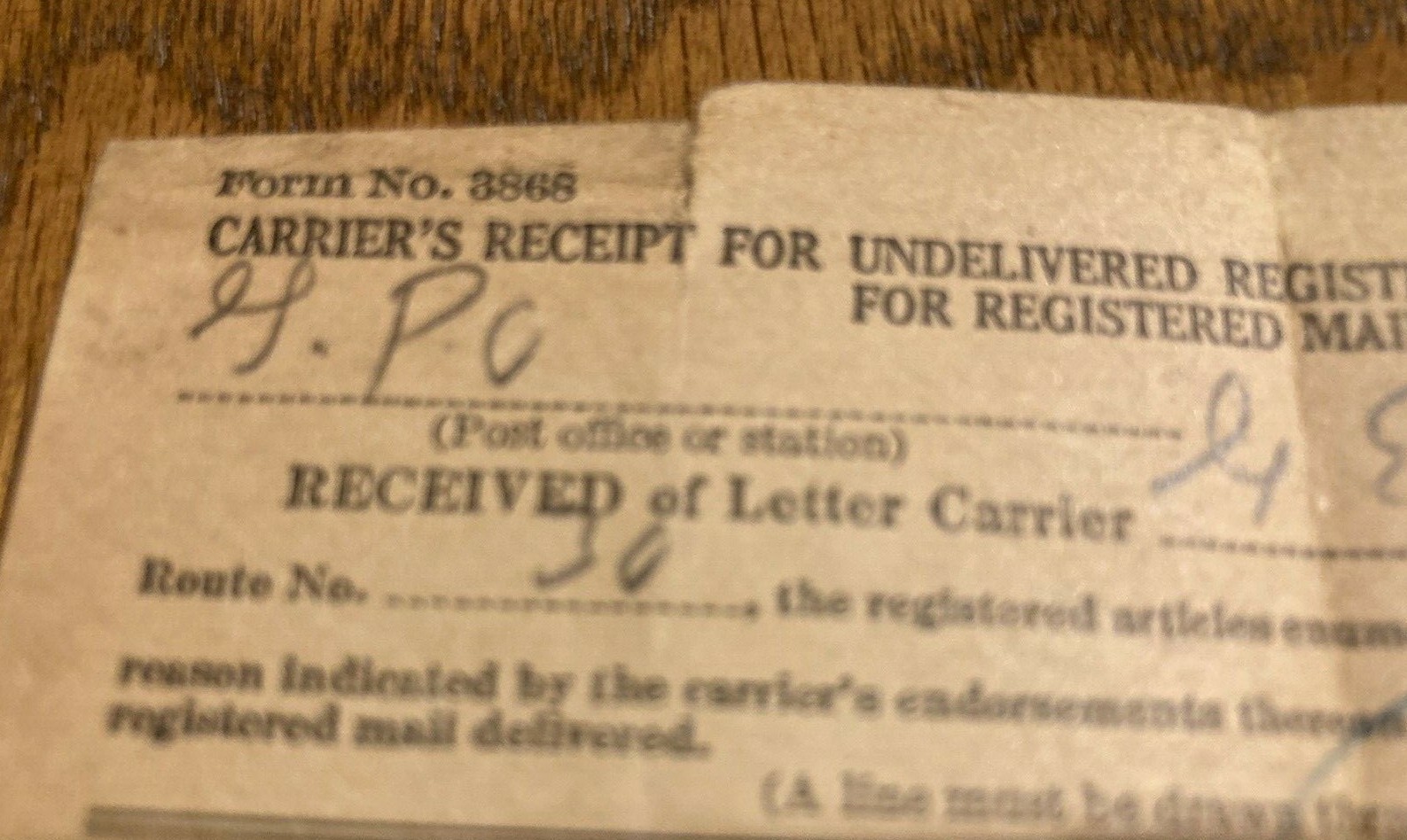 USPS Form 3868 Carrier's receipt for undelivered registered mail ...