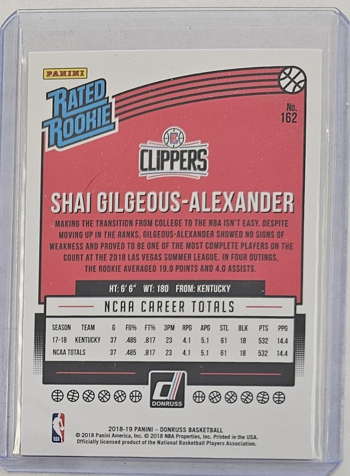 2018-19 Donruss #162 Shai Gilgeous-Alexander RC Clippers SGA Rookie ...