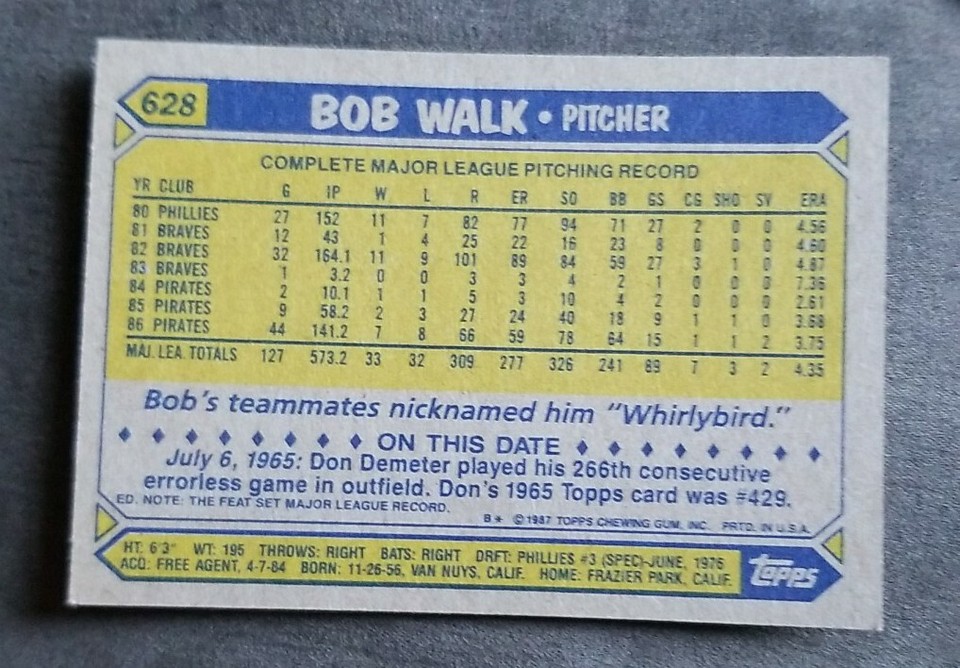 1987 Topps Pittsburgh Pirates Baseball Card #628 Bob Walk | eBay
