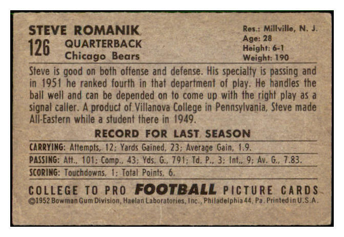 1952 BOWMAN SMALL #126 STEVE ROMANIK BEARS VG-EX 510141 (KYCARDS) | eBay