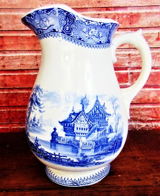 ANTIQUE Staffordshire Blue Transferware Ironstone 10.5"Pitcher Jug ...