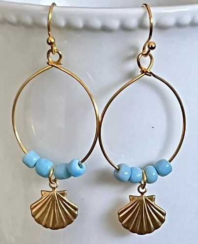 Beachy Earrings. Gold Sea Shells with Blue Beaded Hoops. Light Weight ...