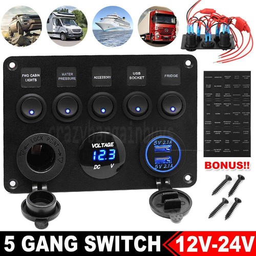 5 Gang 12V Switch Panel LED Rocker USB ON-OFF Toggle For Car Boat ...
