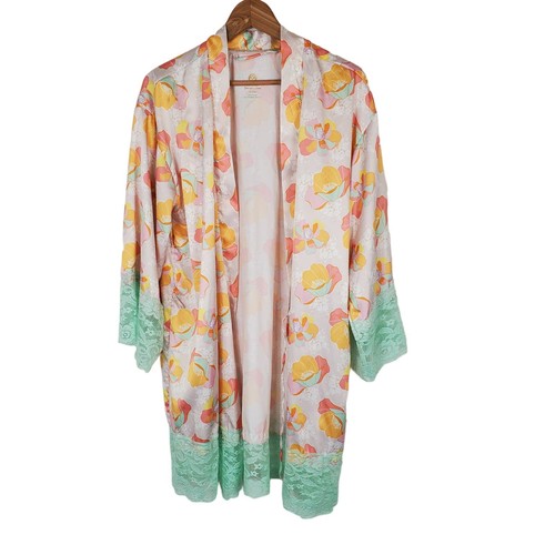Macbeth Collection Bright Floral Green Lace Trim Kimono Robe Womens ...