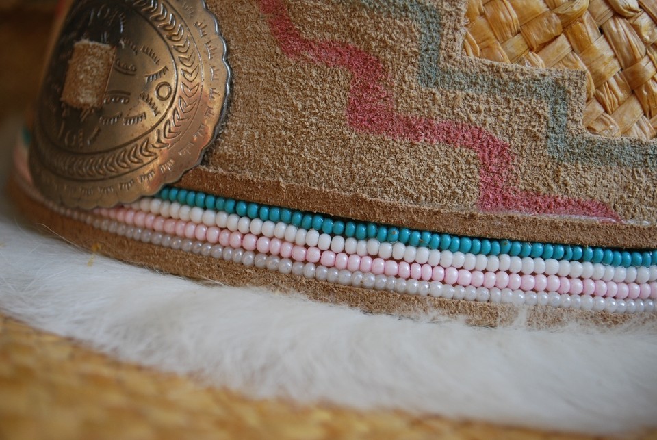 HAND MADE LG Native American CHEYENNE Ladies STRAW COWBOY HAT Suede ...