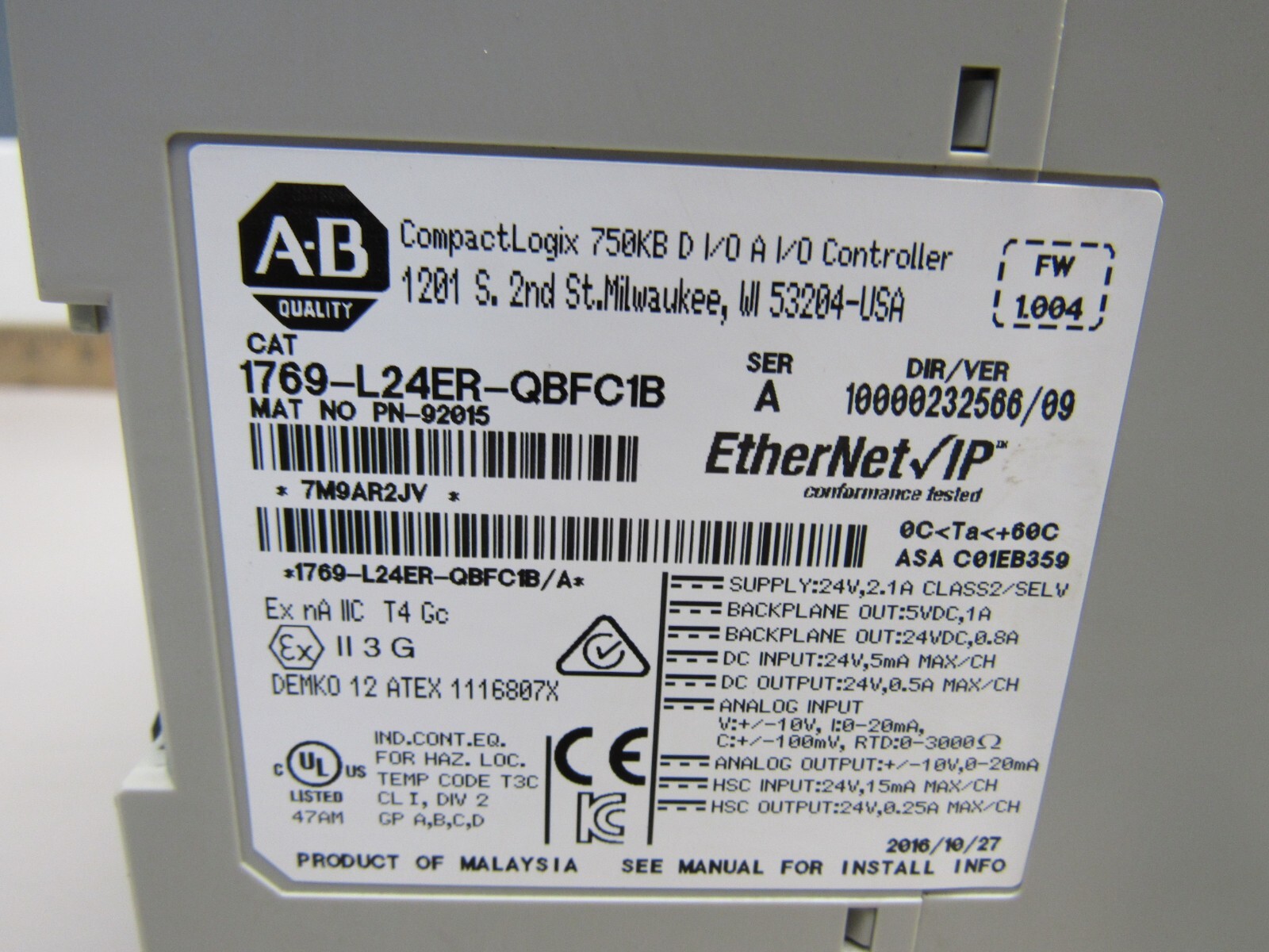 ALLEN BRADLEY COMPACTLOGIX 1769-L24ER-QBFC1B SER-A CPU W/1769-IF4 1769 ...