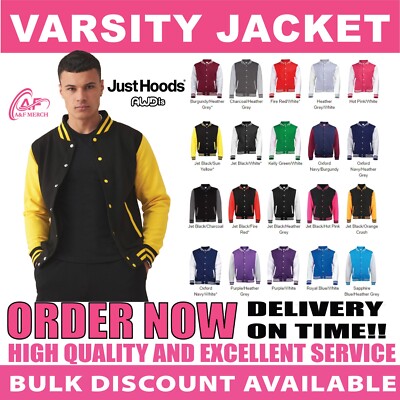 Just Hoods Awdis Varsity Ringspun jacket College University Baseball ...