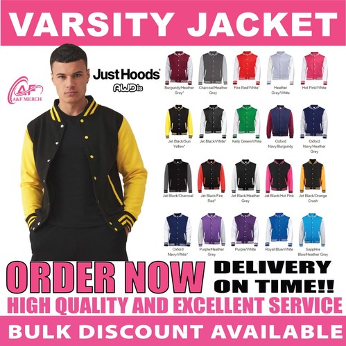Just Hoods Awdis Varsity Ringspun jacket College University Baseball ...