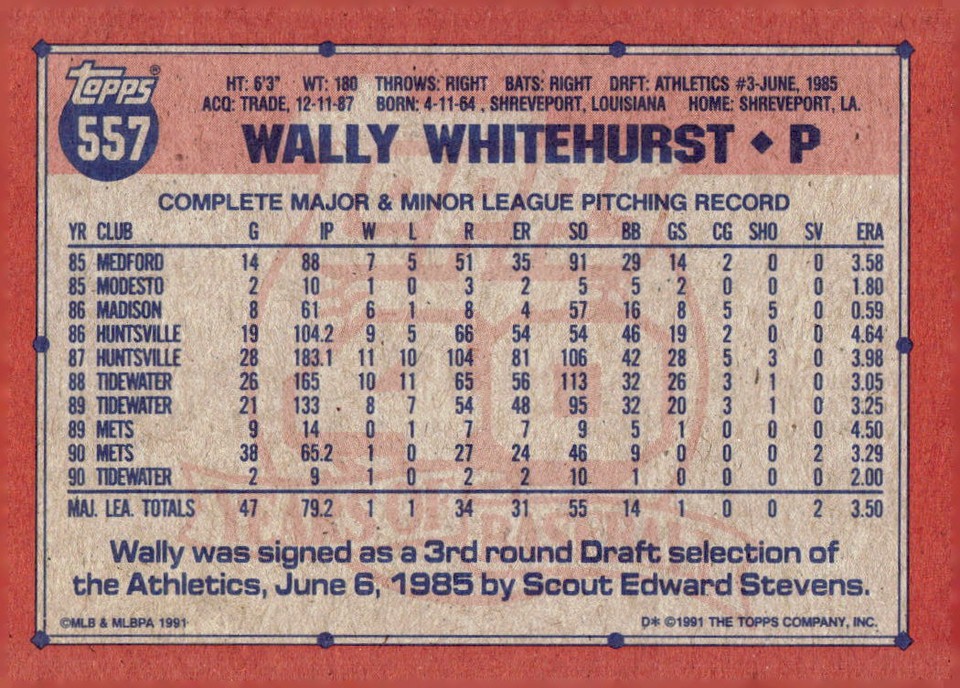 1991 Topps #557 Wally Whitehurst - New York Mets | eBay