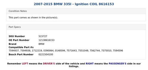 2007-2015 BMW 335I - Ignition COIL 8616153 | eBay