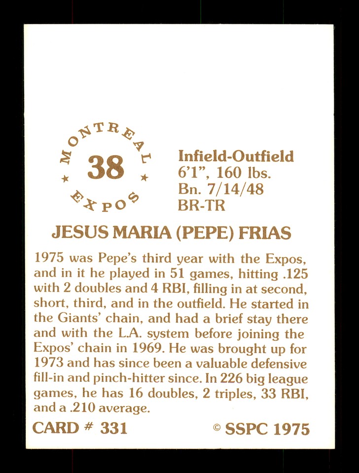 Pepe Frias Autographed Signed 1975 SSPC Rookie Card #331 Montreal Expos ...