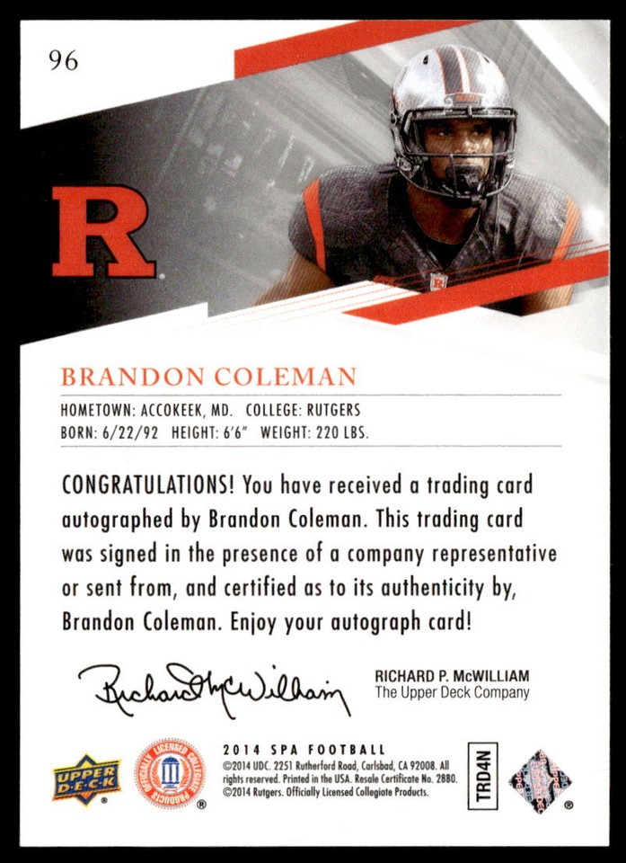 2014 SP Authentic #96 Brandon Coleman FOOTBALL Rutgers Scarlet Knights ...