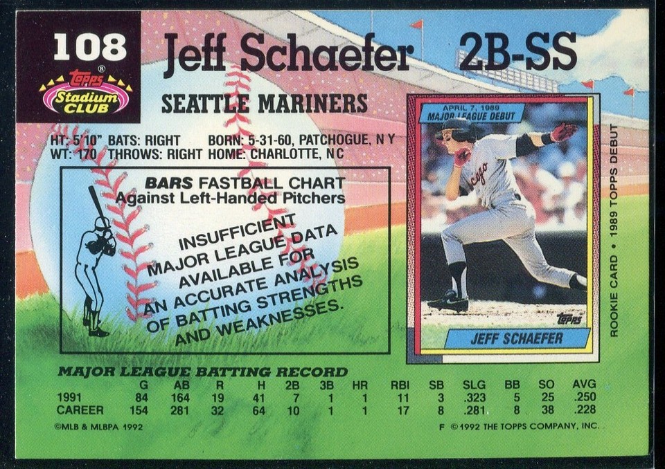 1992 Topps Stadium Club Jeff Schaefer #108 Seattle Mariners | eBay