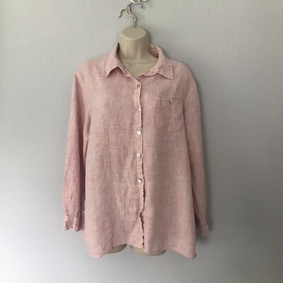 Pink Linen Tunic Collared Button Up Long Sleeve Coastal Top Sz 2 (12 ...