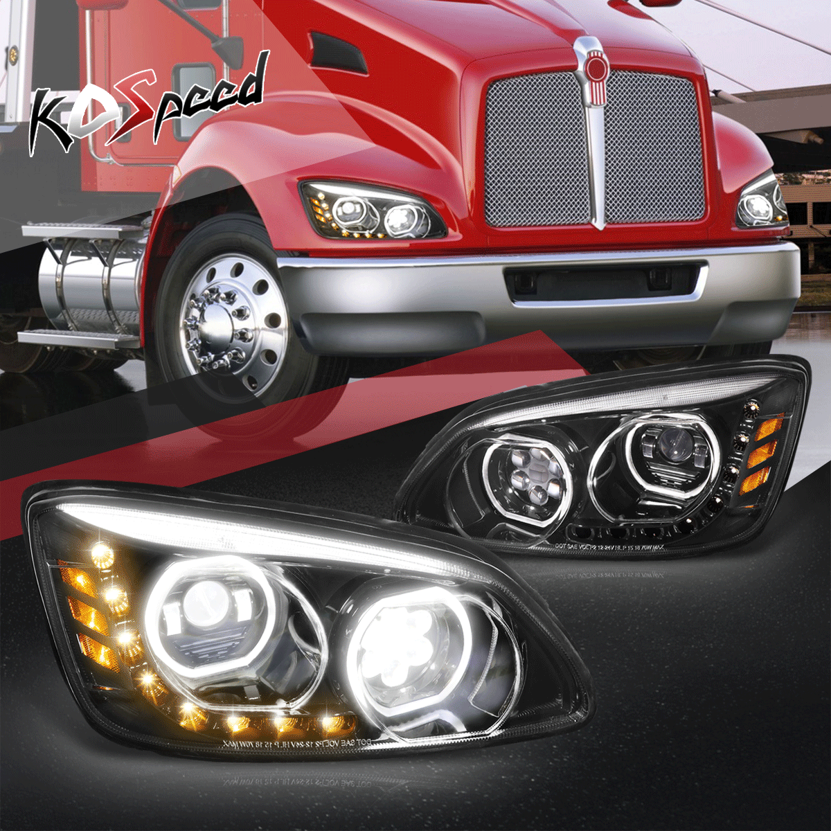 Black Housing Dual Halo DRL LED Projector Headlights for 08-19 Kenworth ...