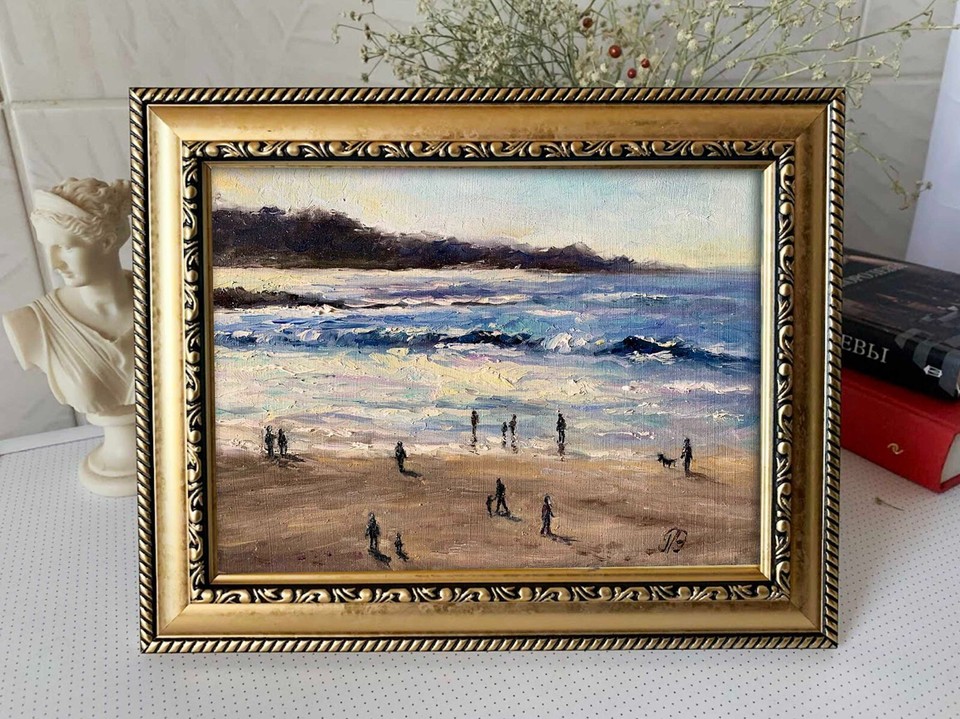 Beach with people Original Oil Painting Ocean shore Impressionist ...