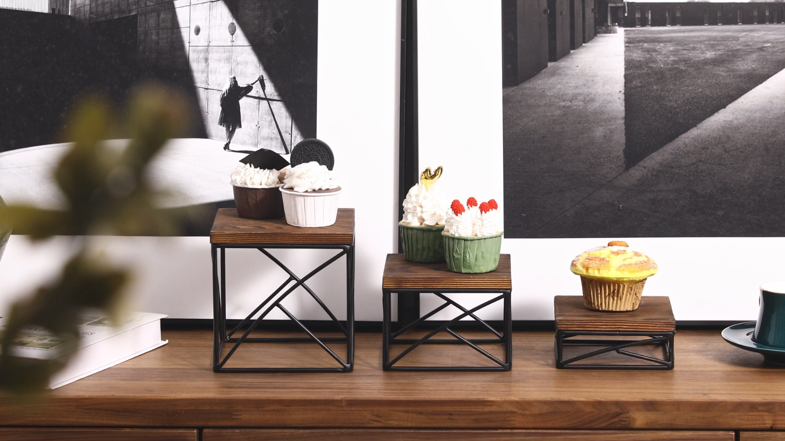 Square Dark Brown Wood & Black Metal Wire Nesting Food Display Risers ...