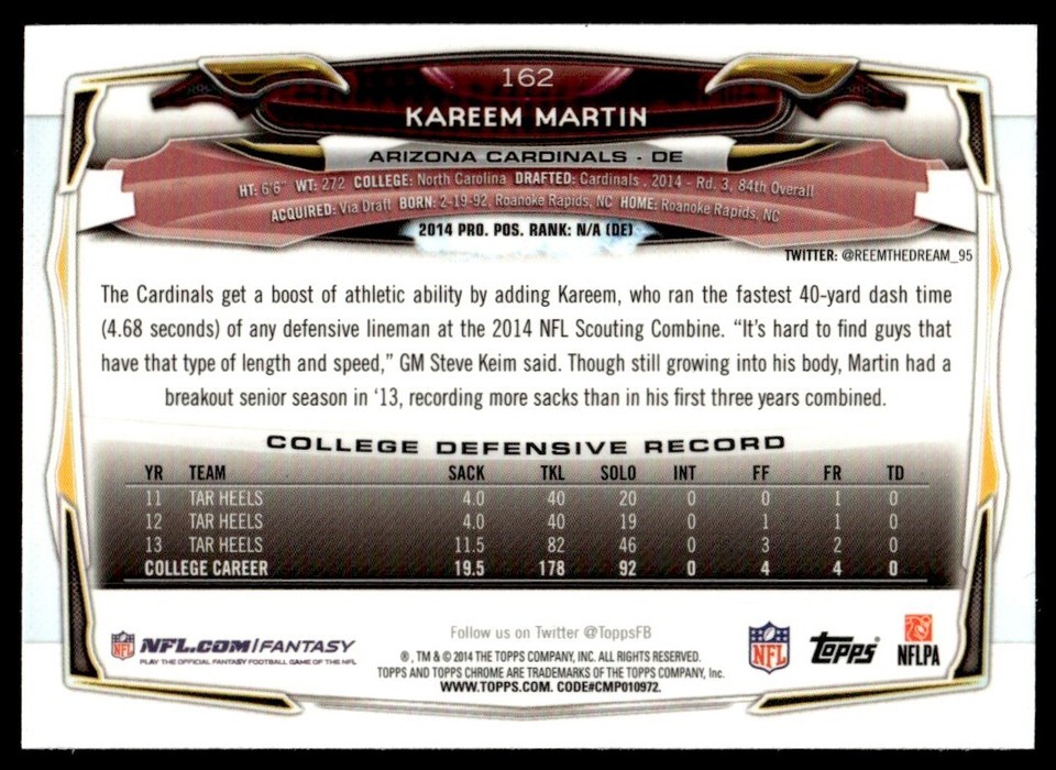 2014 Topps Chrome Purple Kareem Martin Rookie G13 Arizona Cardinals ...