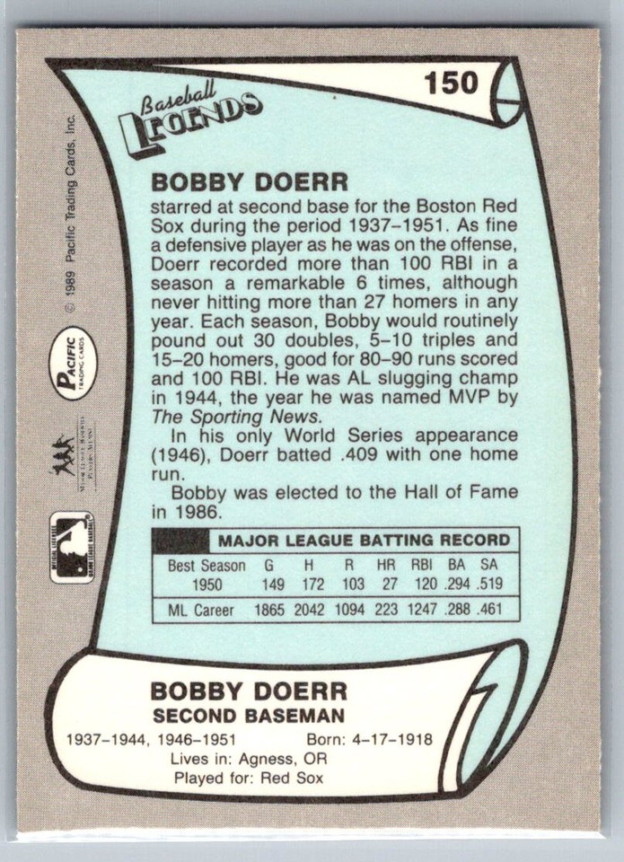 1990 Pacific Legends #21 Bobby Doerr Boston Red Sox Baseball Card | eBay