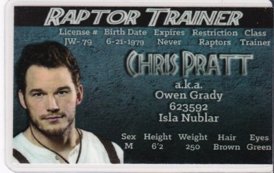 Chris Pratt Dinosaur RAPTOR TRAINER Jurassic Park Drivers License fake ...