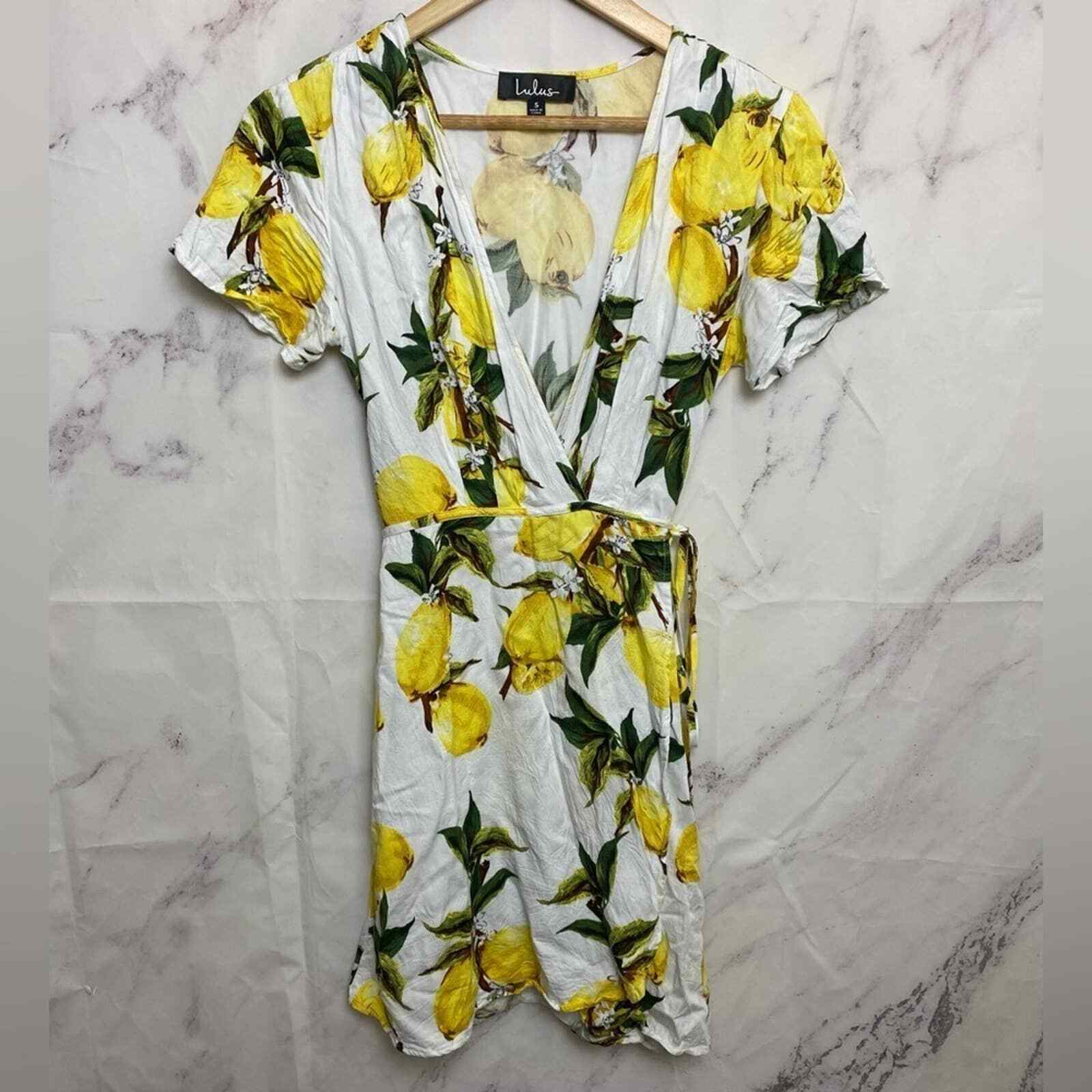 LULU'S A La Tart Lemon Print Wrap Mini Dress - D31 - Gem
