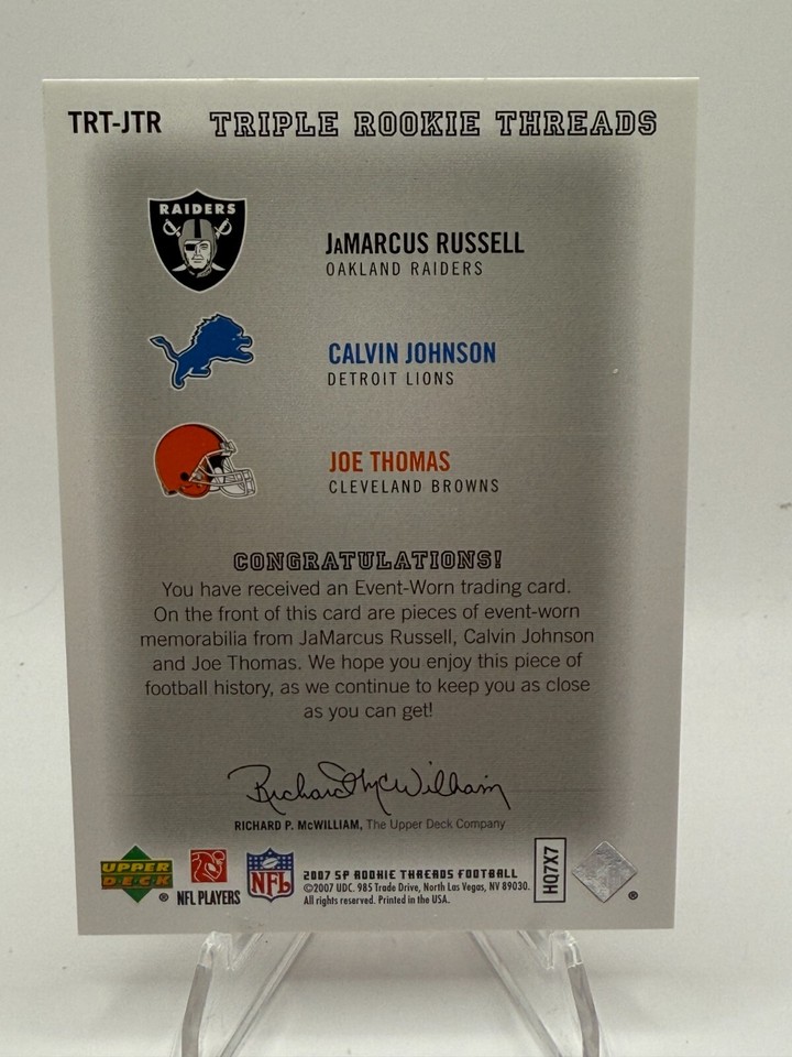 2007 UD Threads Joe Thomas Calvin Johnson Jamarcus Russell Triple RC # ...