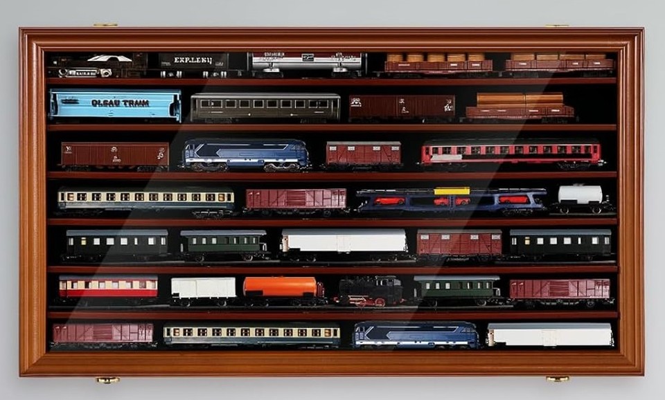 Train Display Case N Scale Brown 7 Shelves Cabinet Railroad Car ...