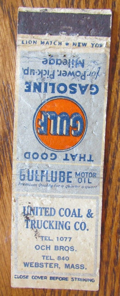 UNITED COAL & GULF GAS STATION MATCHBOOK COVER: WEBSTER, MASSACHUSETTS ...