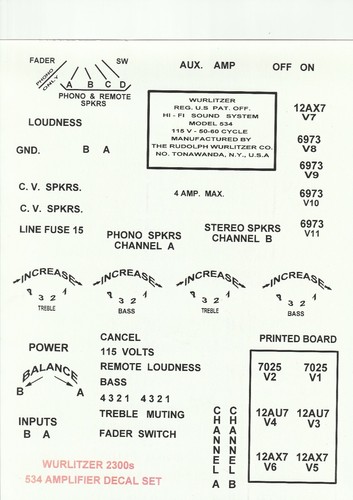 WURLITZER JUKEBOX 2000 2100 2200 2300S 2400 2404 2500 AMPLIFIER DECALS ...