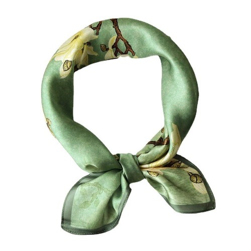 100% Silk Scarf Women Vintage Green Flowers Kerchief Square Bandana ...