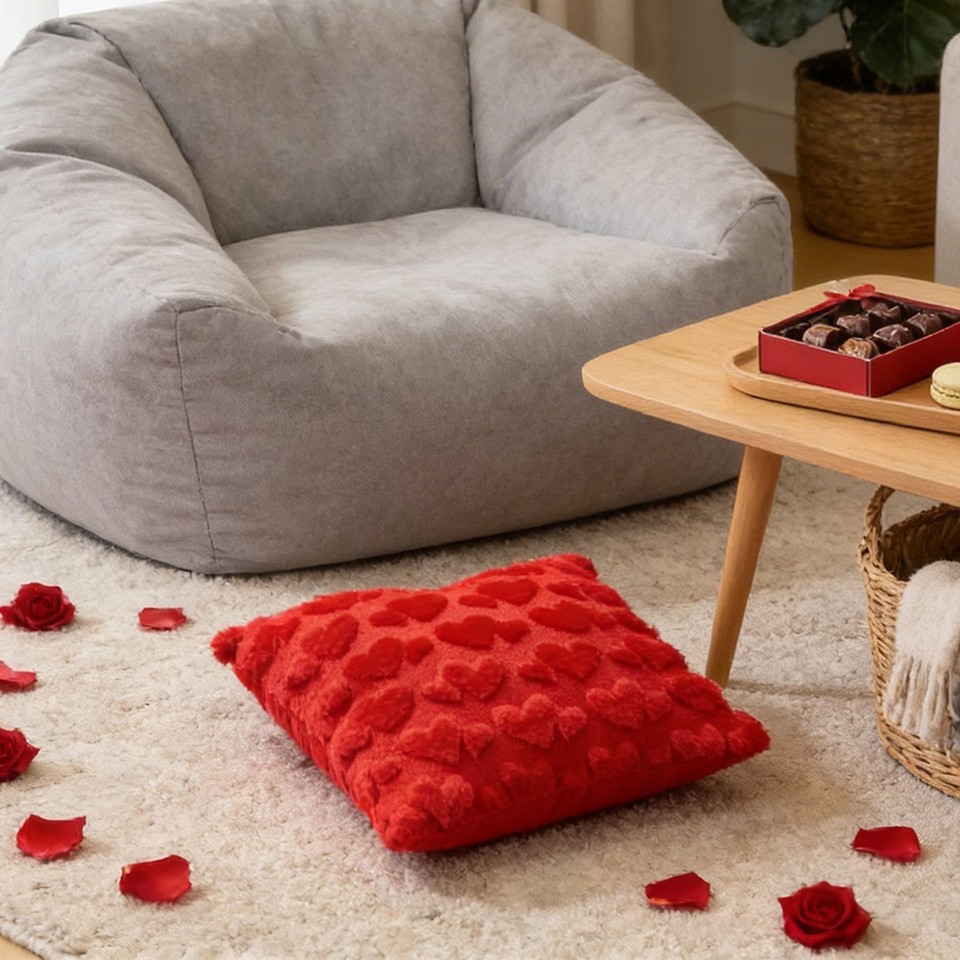 Coral Red Plush Pillow Cover 18x18 Inch with Embossed Heart for Home ...