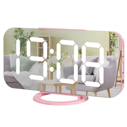 Pink Digital Alarm Clock with Large Mirrored LED Snooze 2 USB Ports ...