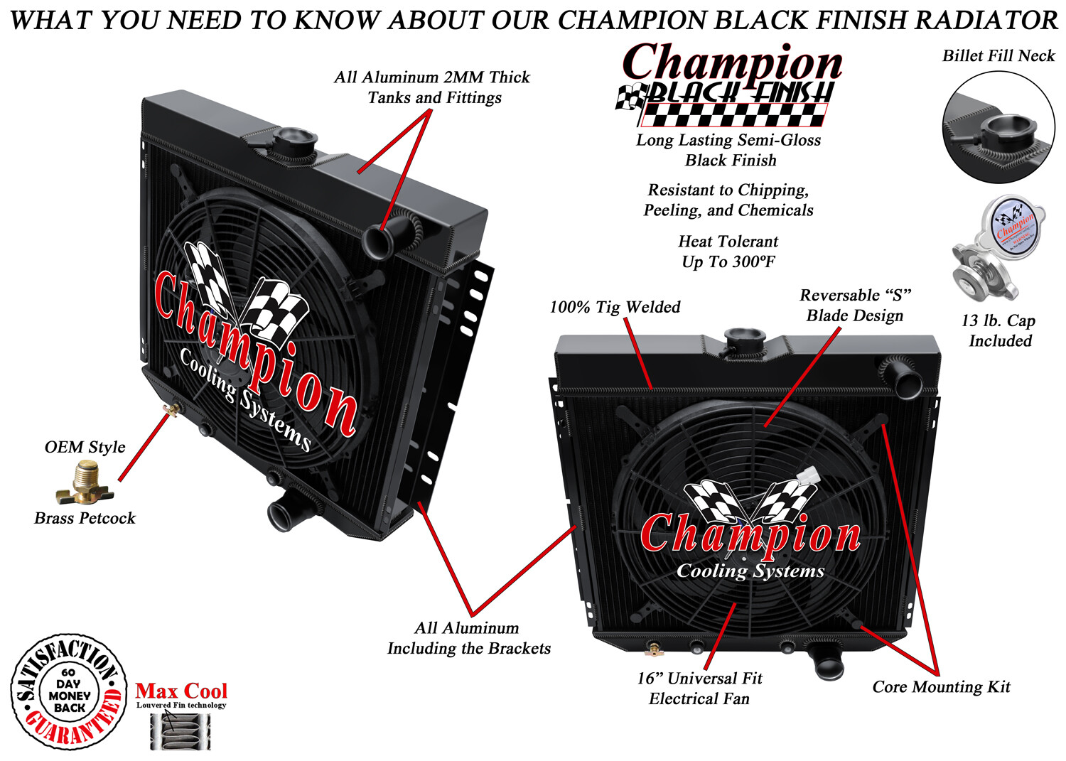 3 Row AAR Black Finish Radiator Lowhose Pass 20",16" Fan-1967-1970 ...