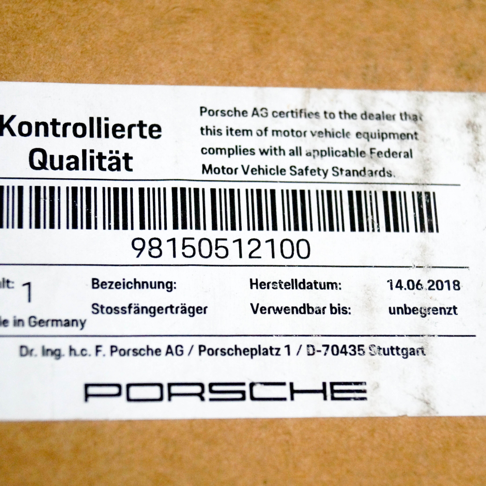 PORSCHE CAYMAN 981 Front Bumper Impact Bar 98150512100 NEW GENUINE ...