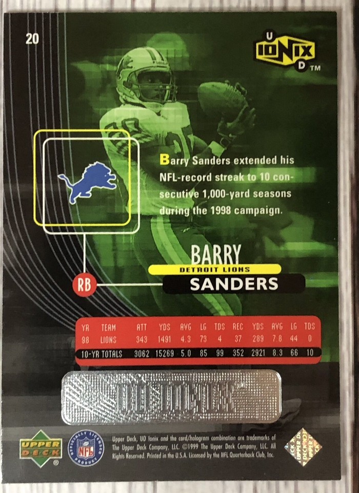 Barry Sanders 1999 Upper Deck IONIX #20 Detroit Lions | eBay