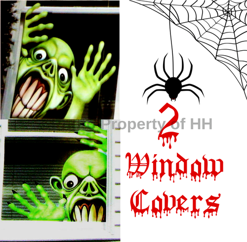 TWO HALLOWEEN GHOUL SKELETON WINDOW DOOR COVERS WALL MURAL HAUNTED ...