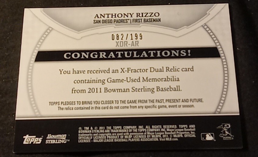 2011 ANTHONY RIZZO BOWMAN STERLING DUAL RELIC XFRACTOR ROOKIE CARD #092 ...
