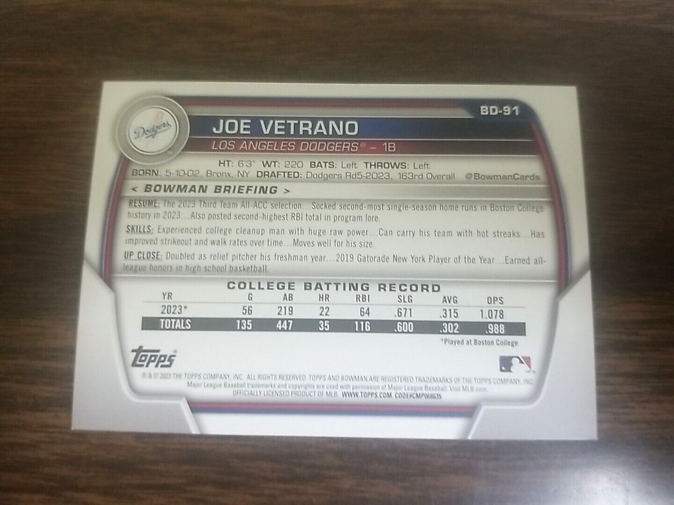 JOE VETRANO 2023 1st BOWMAN DRAFT CARD #BD-91 DODGERS (FIRST PROSPECT ...
