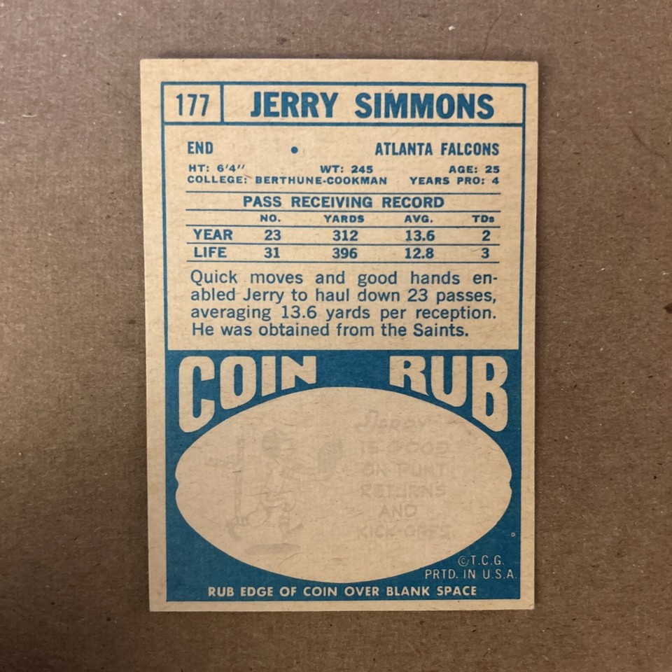 1968 Topps Football Jerry Simmons Atlanta Falcons Card #177 | eBay