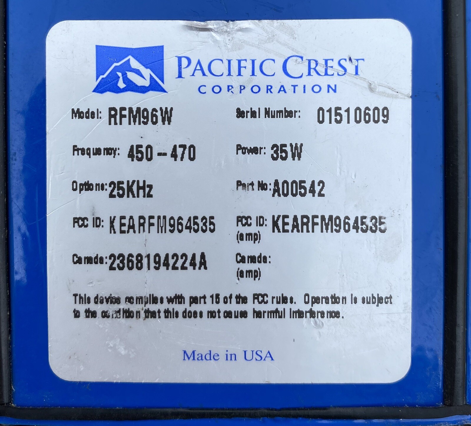 Pacific Crest RFM96W 35W UHF Radio | eBay