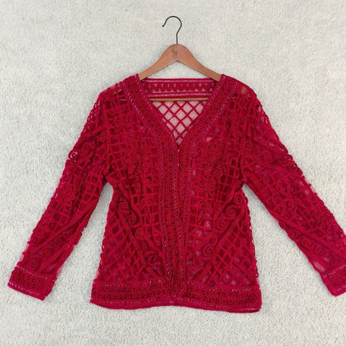 Burgundy Red Beaded Embroidery Long Sleeve Sheer Cardigan Blouse Shirt ...